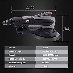 Electric Orbit Sander, SPTA 350W 150mm Random Orbit Sander, Variable Speed 4000-10000RPM, Digital Display Speed Controller, 5.0mm Orbit with Sandpapers