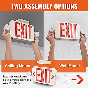 VEVOR LED Emergency Exit Sign, Dual Adjustable LED Heads, Battery-Backed Fire Exit Lighting, Red Letter Combo, Commercial Grade