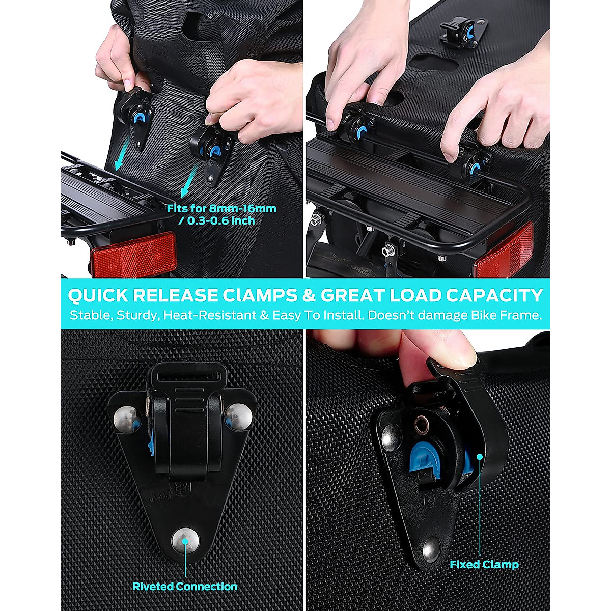 Sportneer Bike Bag - 29L Waterproof Bike Panniers Grocery Bag with Adjustable Hooks & Large Pockets - Bike Rack Bag with Reflective Trim & Rain Cover for Width Less Than 5.5'' Bike Rack