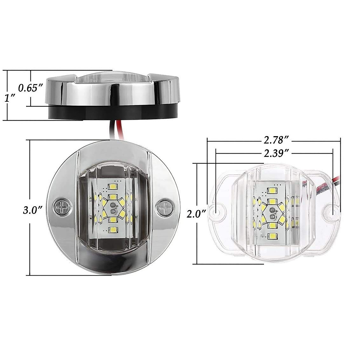 Partsam 2 Pcs 3" Inch Round Navigation Light Polished Boat Marine LED Transom Mount Stern Lights 12LED IP68 Submersible, 316 Stainless Steel, Round LED Marine Pontoon Boat Underwater Stern Lights