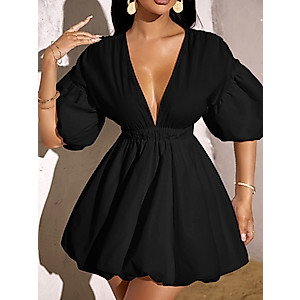 WDIRARA Women's Deep V Neck Puff Sleeve High Rise Flare Dress Elastic Waist Dress Black S