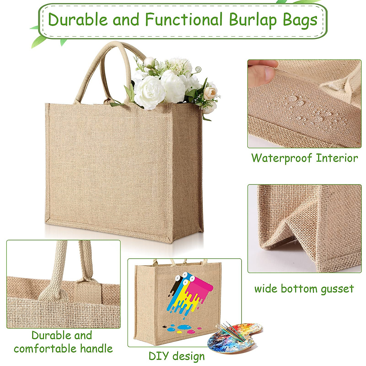Reginary 24 Pack Burlap Jute Tote Bags Bulk Large Jute Tote Bags with Handles