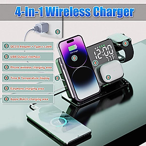 4-in-1 Wireless Charging Station for Apple Devices, 18W Fast Charge Wireless Charger with Alarm Clock and Temperature Display, Wireless Charger Stand for iPhone 14 13 12, Apple Watch & AirPods