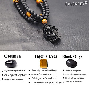 Obsidian Skull Necklace for Mens, Triple Protection Crystal Necklace with Genuine Obsidian Tiger Eye and Black Onyx Stone, Natural Mens Beads Necklace to Bring Luck, Prosperity and Happiness