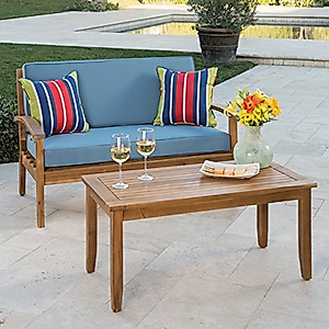 Christopher Knight Home Peyton Outdoor Acacia Wood Loveseat and Coffee Table Set with Water Resistant Cushions, Teak Finish / Blue