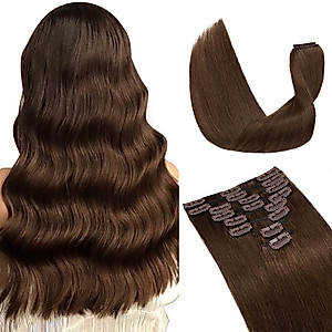 Hairro 100% Real Human Hair Clip in Extensions 8 Inch Short #4 Medium Brown 45g Thin 8 Pcs 18 Clips Straight Clip on Human Hairpieces for Women