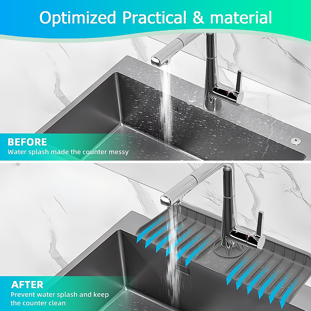 Gigabaskets14-inch Slope Auto-flow Kitchen Sink Splash Guard, Silicone Sink Protectors, Drip Catcher Tray & Draining Pad Mat, Keep Kitchen/Bathroom/RV Faucet Counter Dry & Clean Gadget Accessories