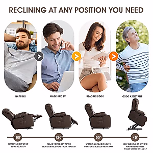 COOSLEEP Large Power Lift Recliner Chair with Massage and Heat for Elderly, Overstuffed Wide Recliners, Breathable Leather with Breathable microporous, USB Ports, 2 Cup Holders (Brown)