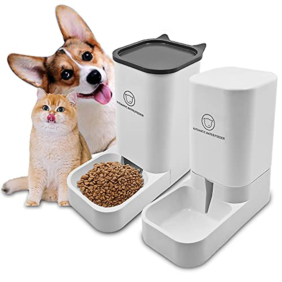 Pet Food Feeder and Water Feeder Set Self-Dispensing Gravity - Dog Automatic Feeders Cat Water Dispenser for Large Middle Small Cats Dogs Kitten Puppy, White, 11.4X5.8X10.8 inch