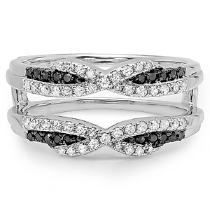 Dazzlingjewelrycollection Round Cut Black & White Diamond 14K White Gold Plated Ladies Swirl Anniversary Wedding Band Enhancer Guard Double Ring For Women's (7.5)