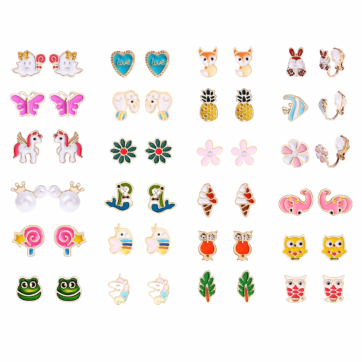 24 Pairs Clip On Earrings For Women Animal Butterfly Flower Colorful Hypoallergenic Non Pierced Fake Earring (#Style 02)