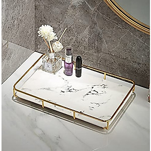 Dobbyby Vanity Tray Makeup Organizer Cosmetics Storage Bathroom Skincare Organizer Countertop Display Rack in Dresser Stainless Steel Shelf Marble Print Ceramic Trays