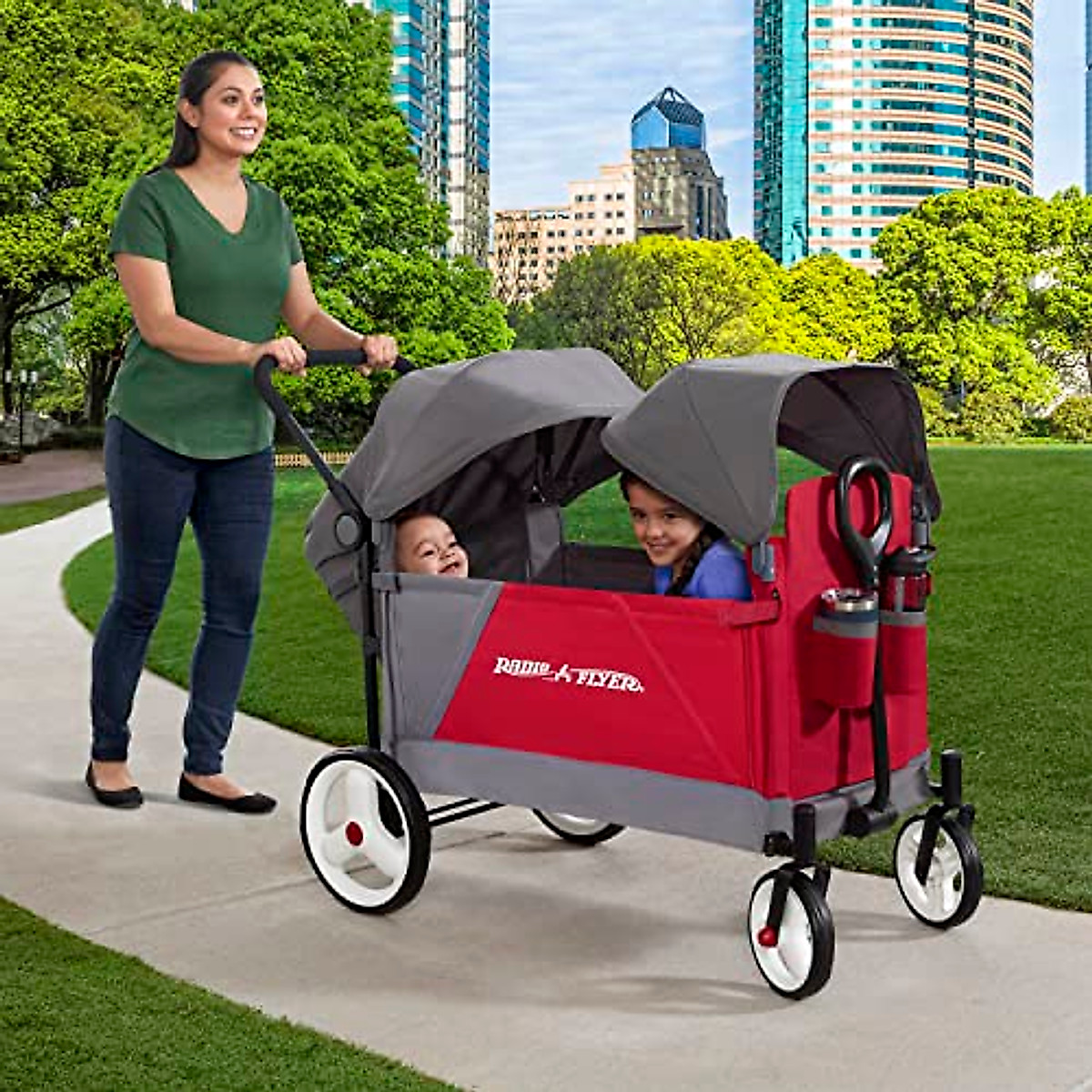 Radio Flyer Discovery Stroll 'N Wagon with Canopies, Folding Wagon with Single Recline Seat, for 1+ Years
