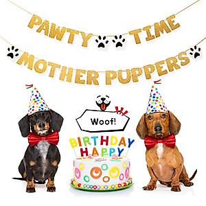 Pre-Strung Let's Pawty Dog Birthday Party Supplies, Pawty Time Mother Puppers,Funny Gold Glitter Puppy Dog Birthday Banner For Party Decorations Girl Boy, Cute Puppy Pets Paw Pennant Sign Deco