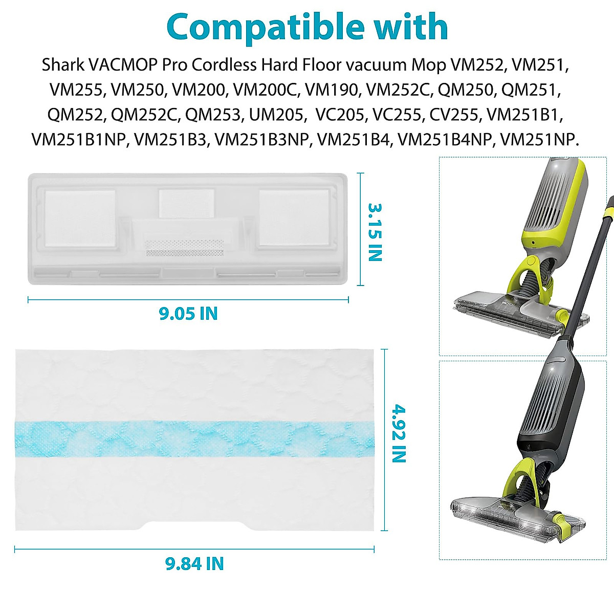 Extolife Vac Mop Pads Refills Replacement for Shark Vacmop VM252 VM251 VM200 VM200C VM190 VM252C QM250 VM250 VC205 Vacuum Mops, 40 Pack Disposable Mop Pads and 20 Pack Dirt Chambers (40 Pack)