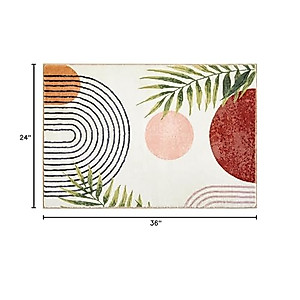 RoomTalks Boho Cute Bathroom Rugs Bath Mat Non Slip Washable, Modern Abstract Geometric Shape with Tropical Leaves 2x3 Small Area Rug for Bedroom Kitchen, Neutral Contemporary Retro Indoor Entry Rug