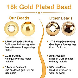 PH PandaHall 500pcs 3mm Gold Beads 18K Gold Plated Beads Long-Lasting Round Smooth Spacer Beads Seamless Loose Balls Mini Seed Beads for Summer Hawaii Stackable Necklace, Bracelet, Earring Making