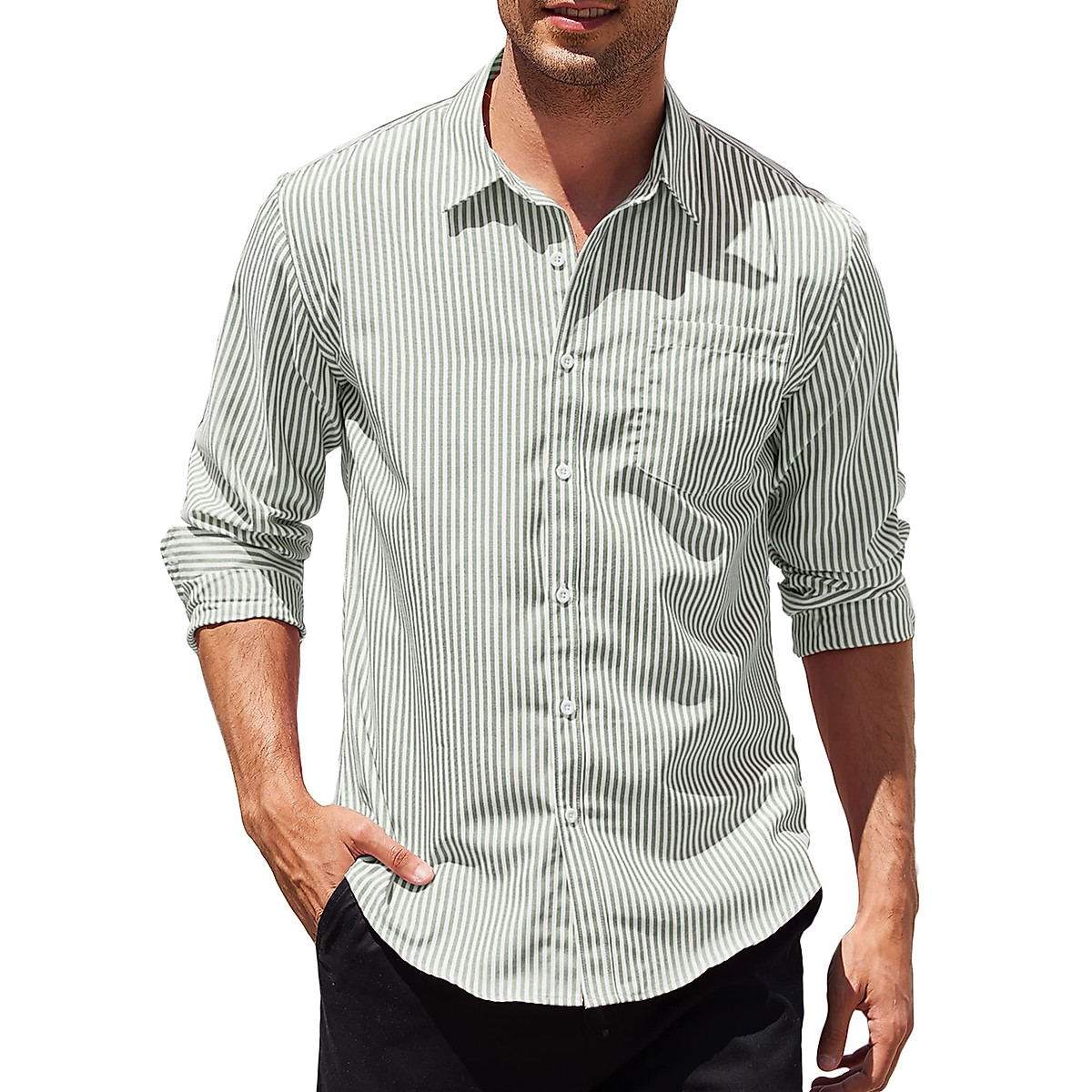 COOFANDY Men Striped Button Down Shirts Slim Fit Untucked Shirt Dress Shirt Jackets Light Green