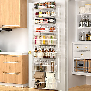 Moforoco Over The Door Pantry Organizer, Pantry Door Organizer Shelves, Kitchen Organizers and Storage, Hanging Basket Wall Spice Rack Seasoning Shelves, Laundry Room Bathroom accessories（White