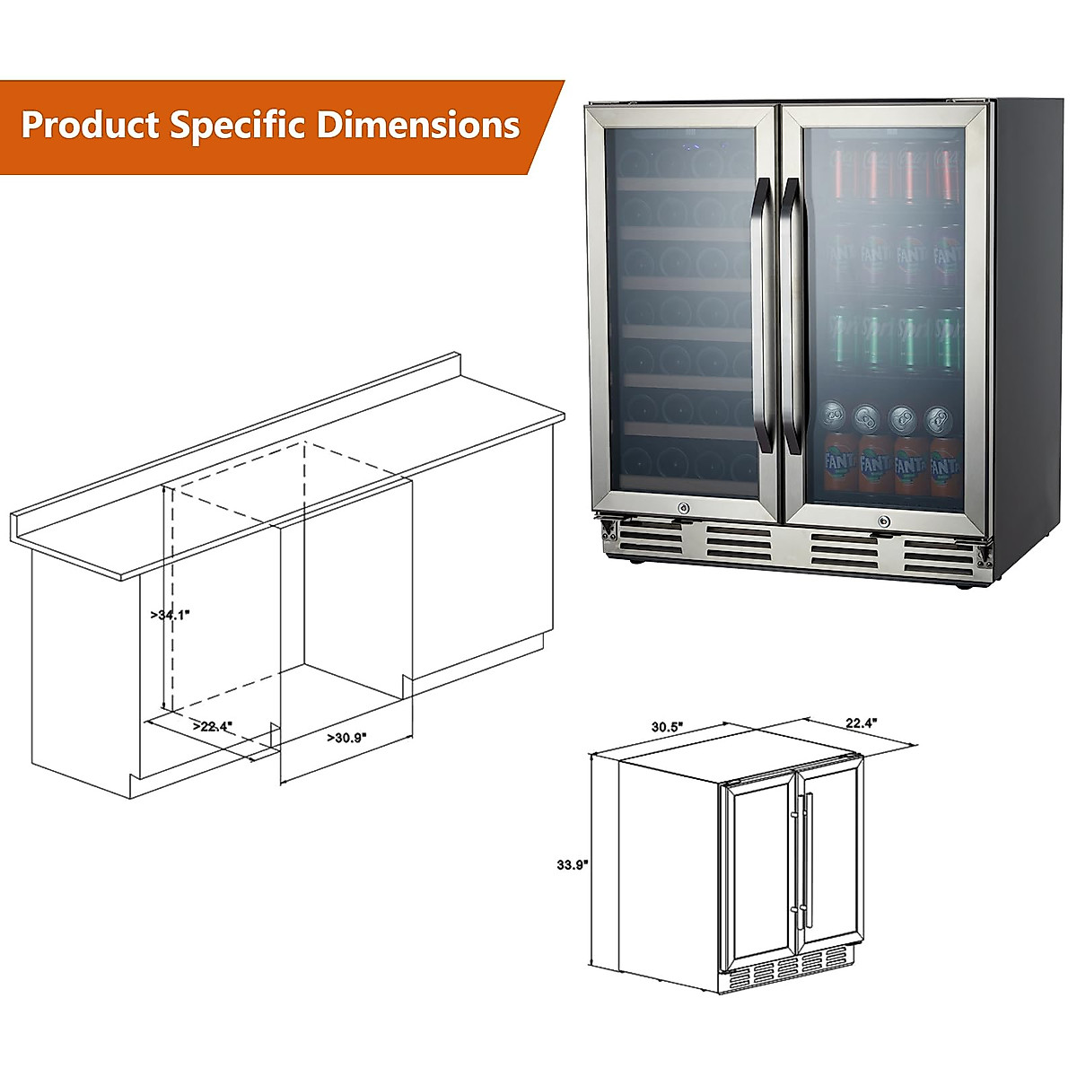 GarveeTech 30 inch Wine and Beverage Refrigerator, 33 Bottles & 96 Cans Wine Cooler Refrigerator, Dual Zone Wine Cooler with Glass Door and Lock, Built in or Freestanding Under Counter Wine Fridge