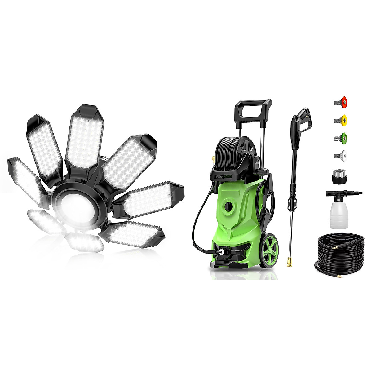 POLARPRA Garage Lights - Super Bright 25000LM Garage Lights Ceiling Led w/ 8 Deformable Panels 6500K Led Light Bulb and Electric Power Washer - 3000 PSI 2.6 GPM Pressure Washers with Foam Cannon