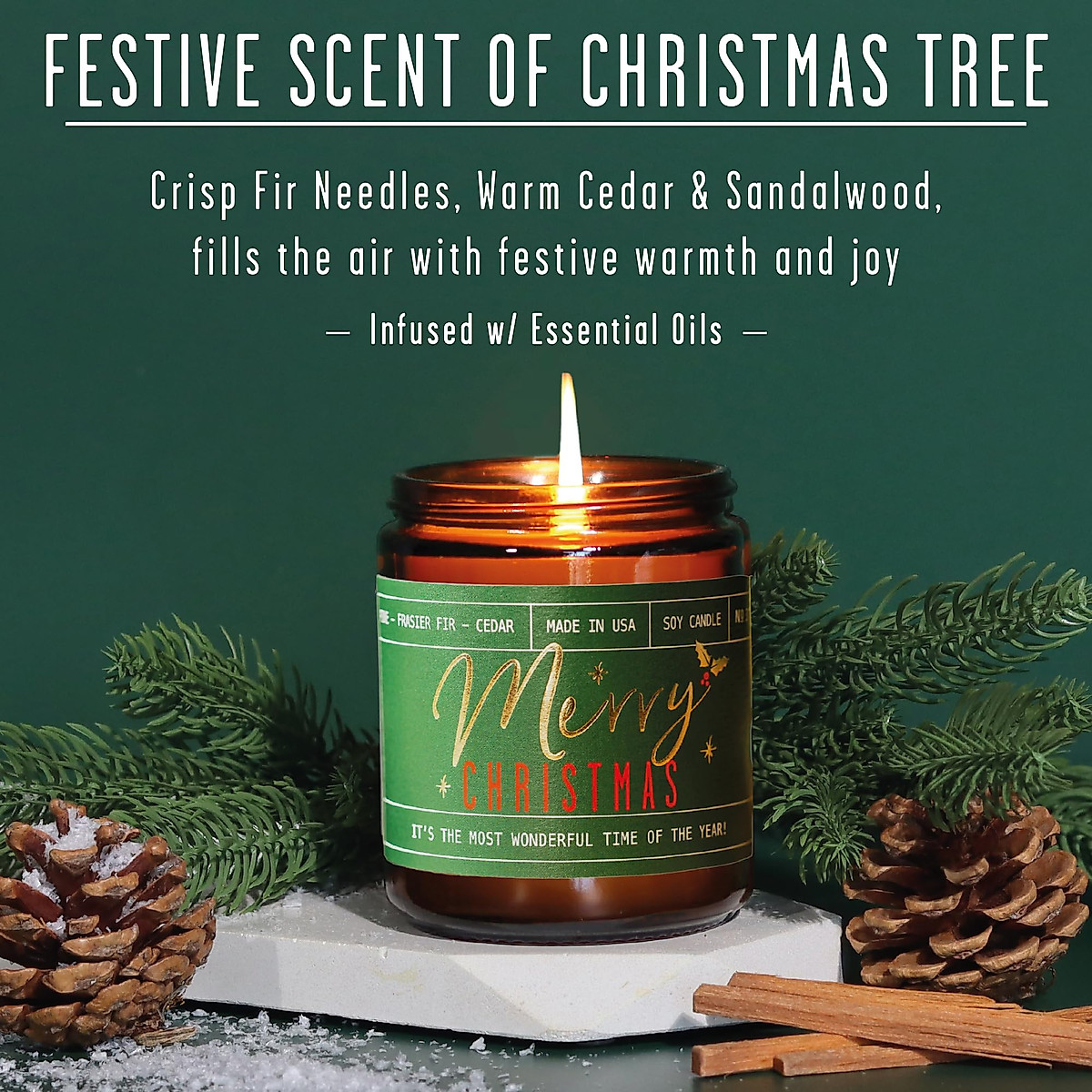 Christmas Candles, Christmas Candle - 'Merry Christmas' Christmas Scented Holiday Candles, w/Pine, Frasier Fir, Cedar I Christmas Tree Candle I Stocking Stuffers for Women I 9oz, 50Hr, USA Made