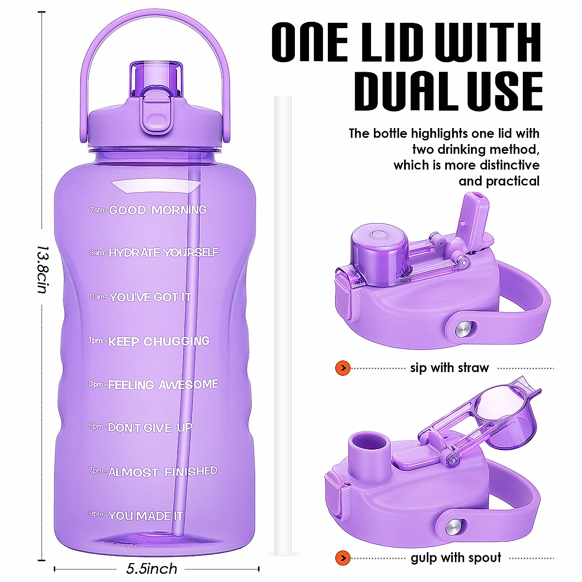 1 Gallon Water Bottles with Straw, 128 oz / 3.8L Water Bottle BPA Free Innovative 2-IN-1 Lid Gym Bottle with Times to Drink Motivational, Large for Sports Fitness Gym Camping Water Jug One Gallon
