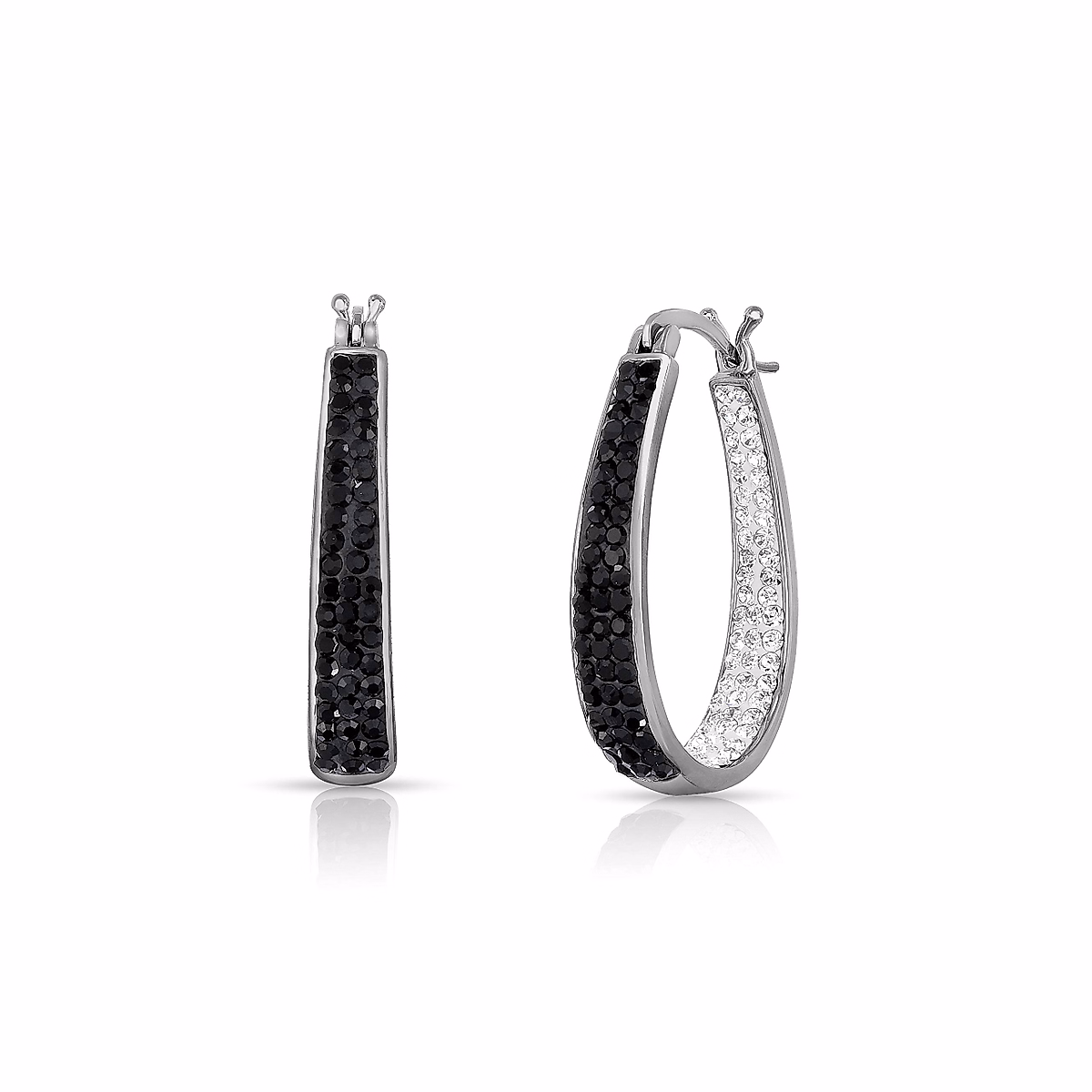 Inside Out Hoop Oval Crystal Hoop Earings, Fashion Hoop Earrings for Women- Austrian Crystal Hoop Earrings, Oval Earrings For Women (Black and White)