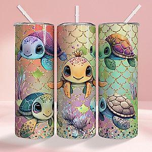 ROONMKUU Cartoon Turtles Tumbler With Lid And Straw, 20oz Stainless Steel Water Bottle, Insulated Water Cups, Summer Winter Drinkware, Outdoor Travel Accessories