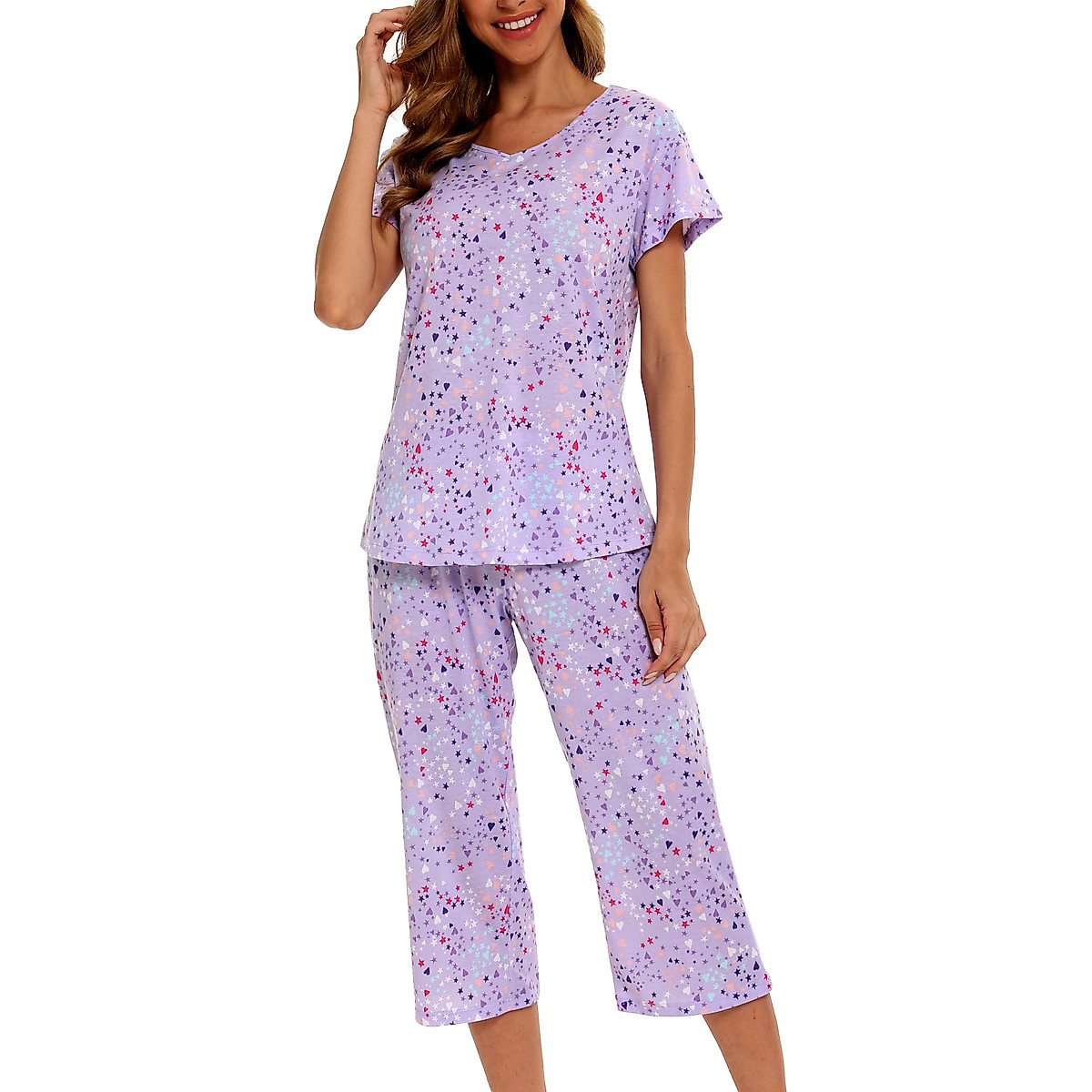 ENJOYNIGHT Women's Pajama Sets Cotton Sleepwear Tops with Capri Pants Summer Pjs (PU, X-Large)