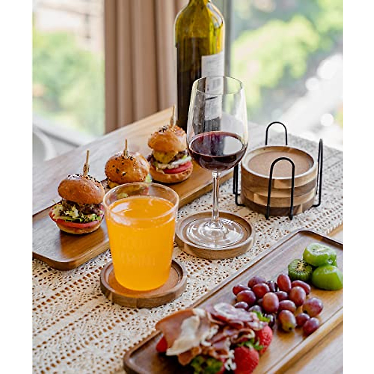 Wood Coasters for Drinks Absorbent with Holder, Acacia Wood Cork Coaster Rustic Coasters for Coffee Table Wooden Table Coasters for Farmhouse Desk, Set of 6