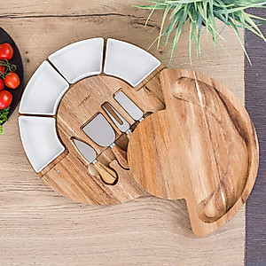 Cheese Board Set - Charcuterie Board Set and Cheese Serving Platter - Made from Acacia Wood - US Patented 13 inch Cheese Cutting Board and Knife Set for Entertaining and Serving - 4 Knives and 4 Bowls