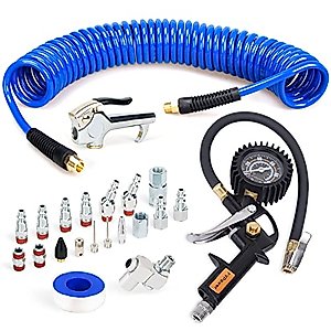 FYPower 22 Pieces Air Compressor Accessories kit, 1/4 inch x 25 ft Recoil Poly Air Compressor Hose Kit, 1/4" NPT Quick Connect Air Fittings, Tire Inflator Gauge, Blow Gun, Swivel Plugs