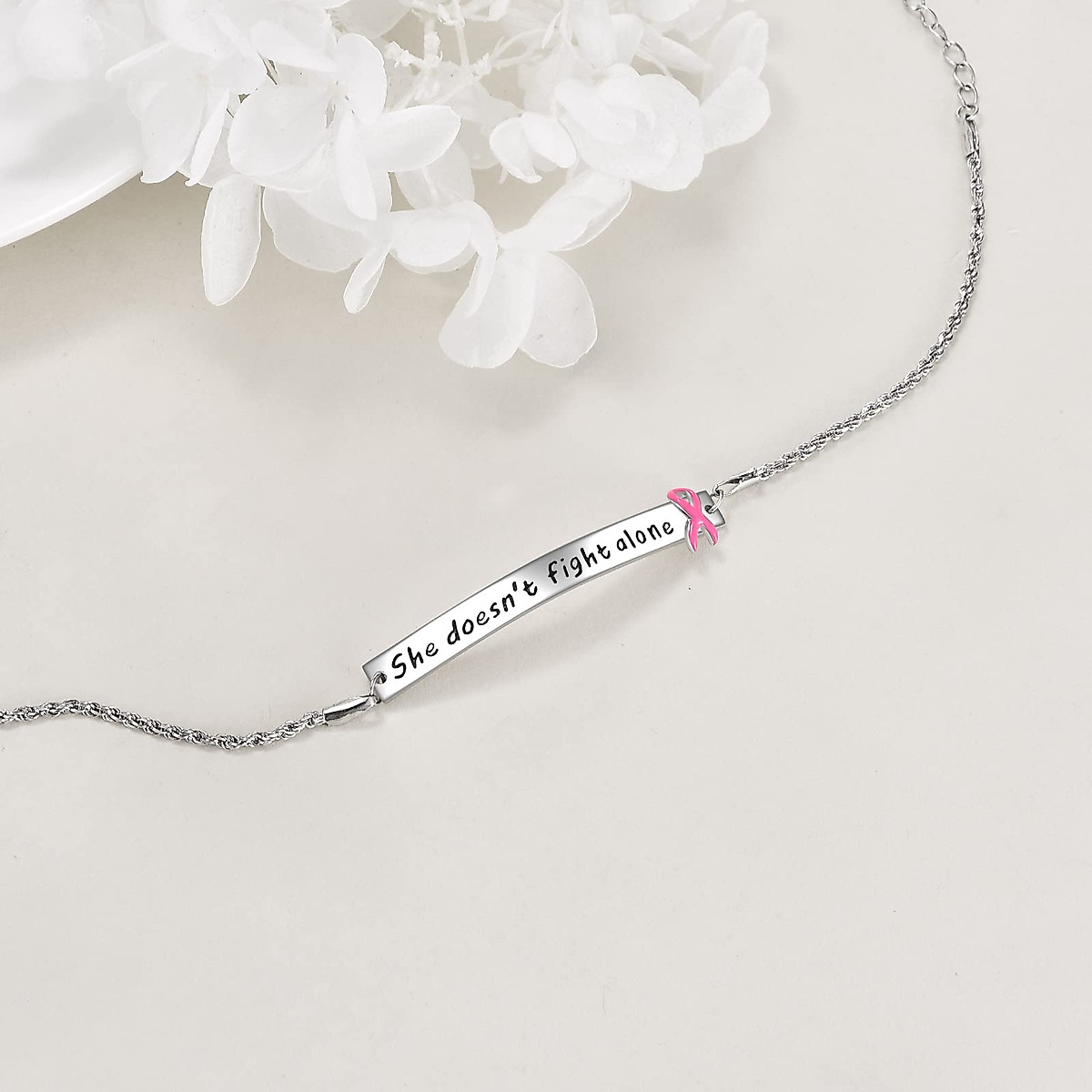 YFN Sterling Silver Pink Ribbon Bracelets Breast Cancer Awareness Gifts Motivational Bracelets Engraved She Doesn't Fight Alone