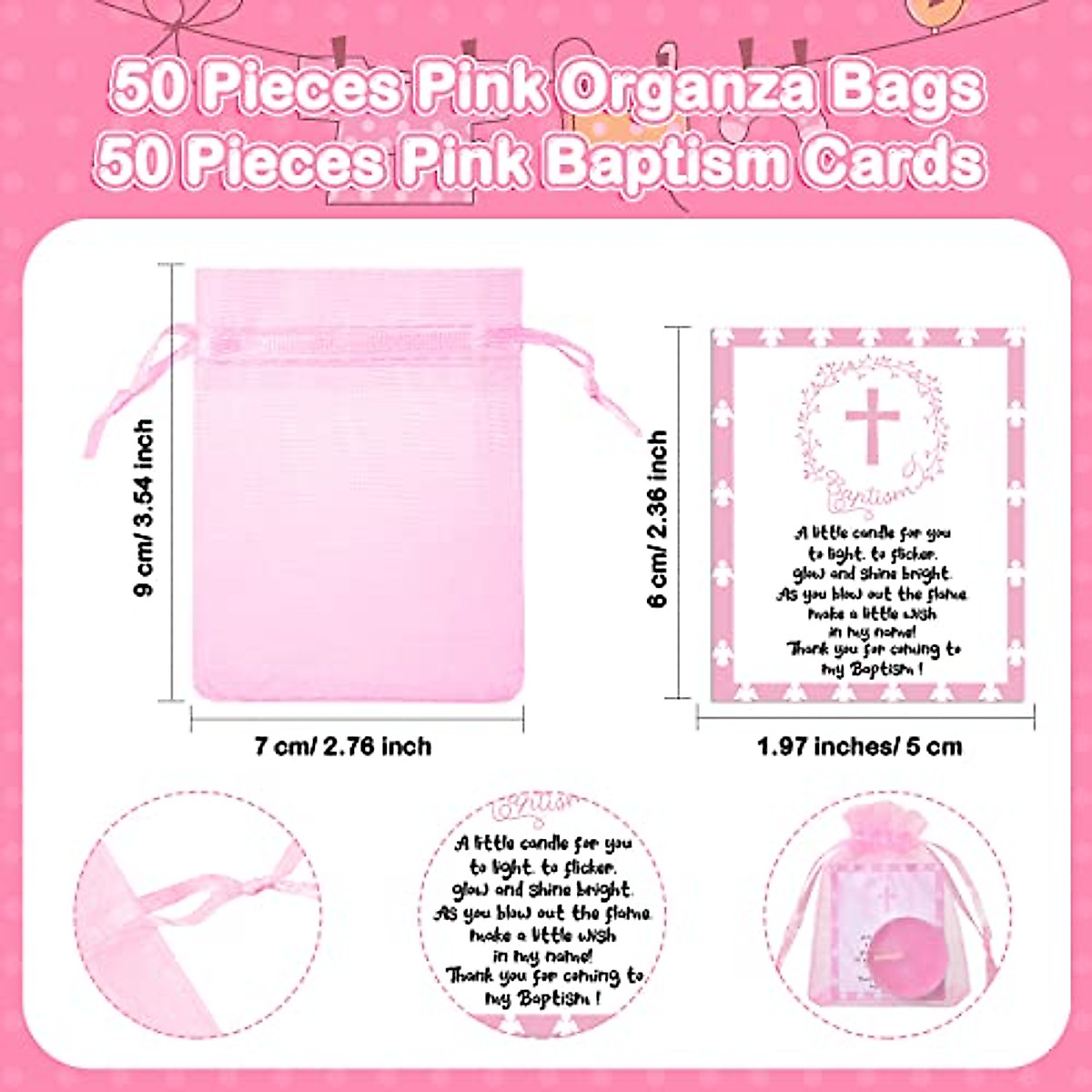 50 Sets Baby Shower Favors 50 Pcs Tea Light Candles for Guests Baby Shower Decoration with 50 Greeting Cards and Organza Bags for Boys Girls Guests Baby Shower Favors Gender Reveal (Pink)