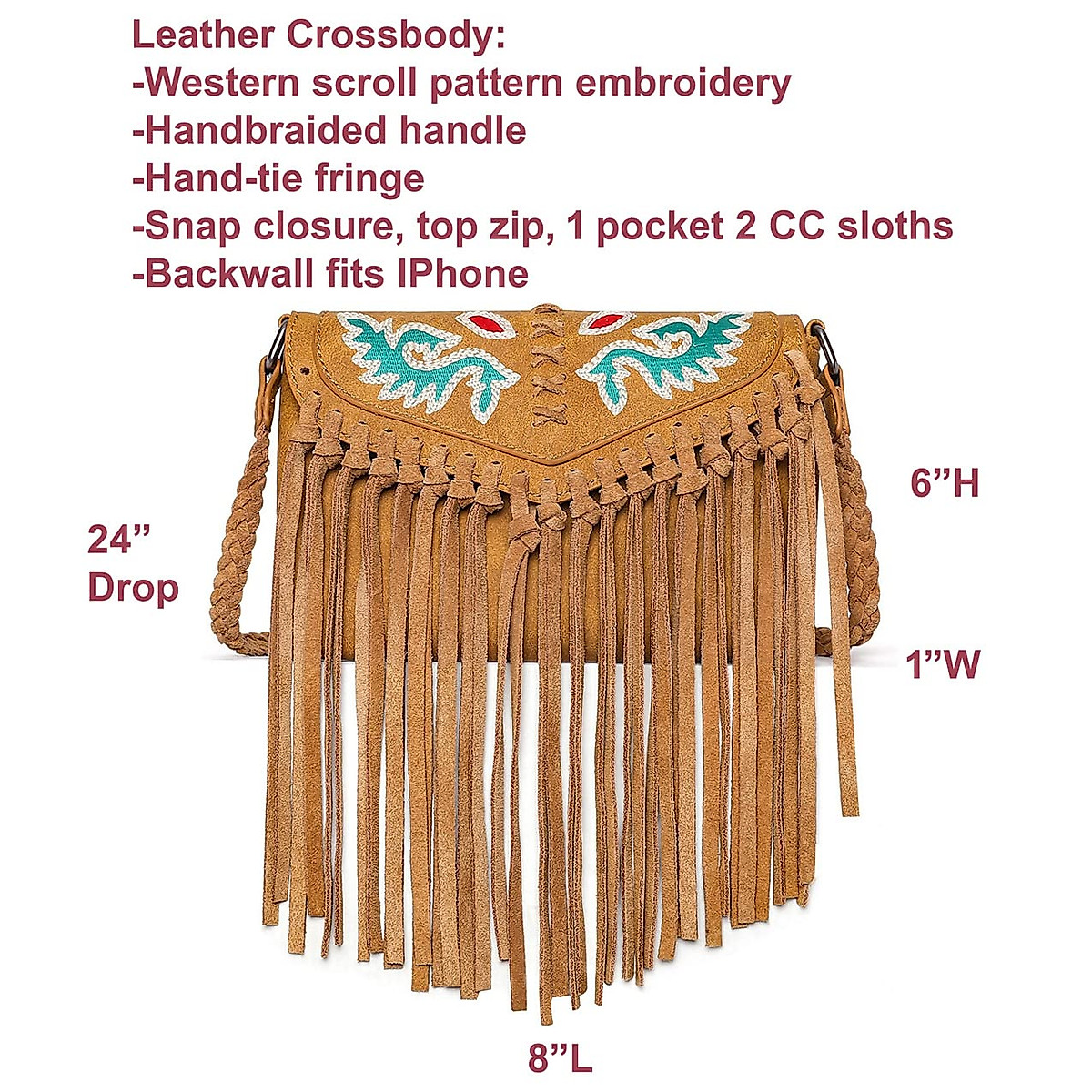 Montana West Handcrafted Leather 4 in 1 Bundle Clutch Crossbody Biker Bag w Fringe & Coin Key Fob (Tan with Antiqued Concho)