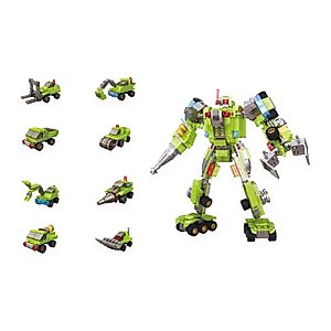 KOOKAMUNGA KIDS 8-in-1 Green Robot Building Block Kit - 8 Mini Toys Transform Into 1 Large Robot Toy - Interlocking Blocks - Transforming Buildable Set for Kids - Works with Other Blocks (318 Pieces)
