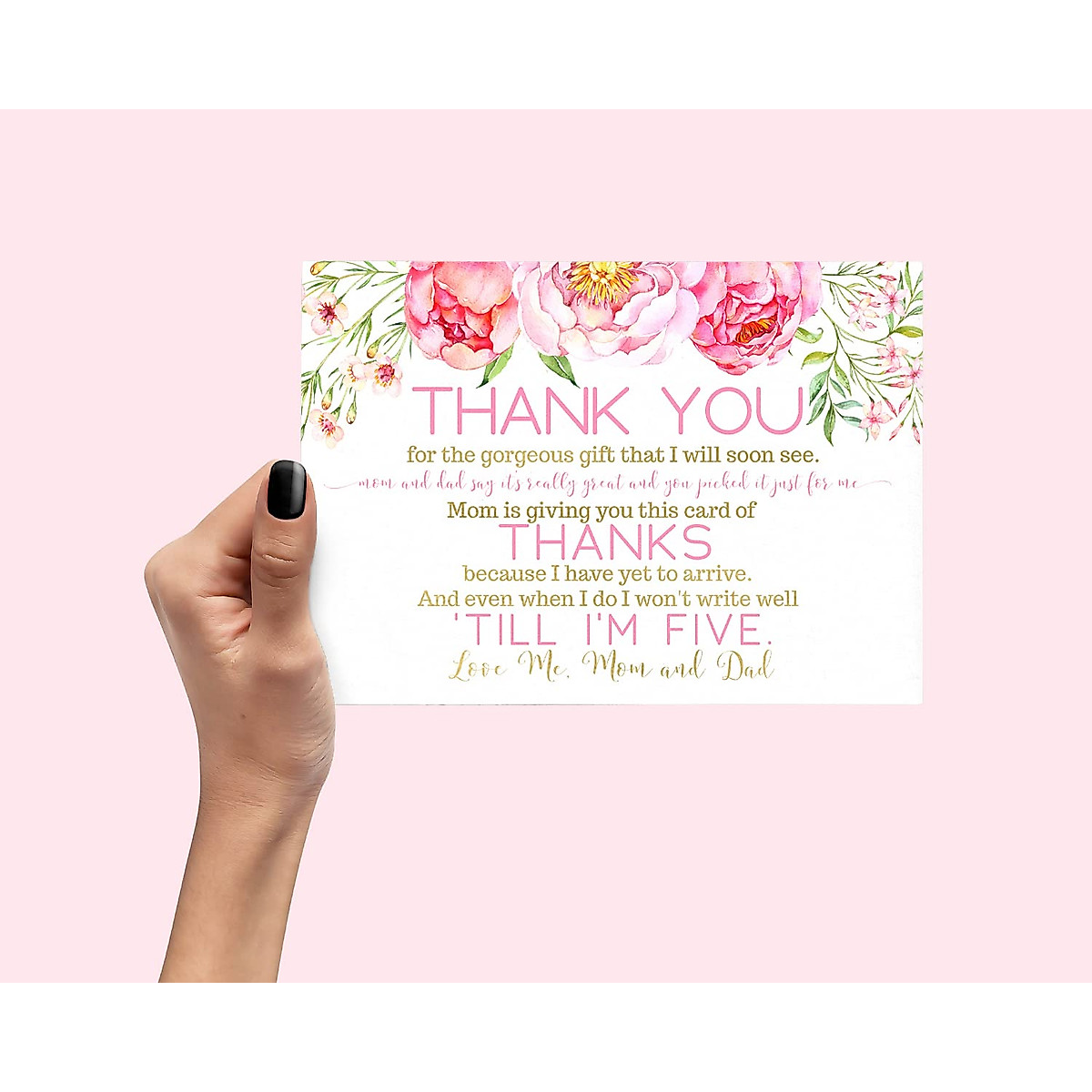 Paper Clever Party Cottage Floral Baby Shower Thank You Postcards (15 Pack) Girls Notecards Only - Eco-friendly Postal Note with Message from Newborn – Rustic Pink and Gold – Printed 4x6