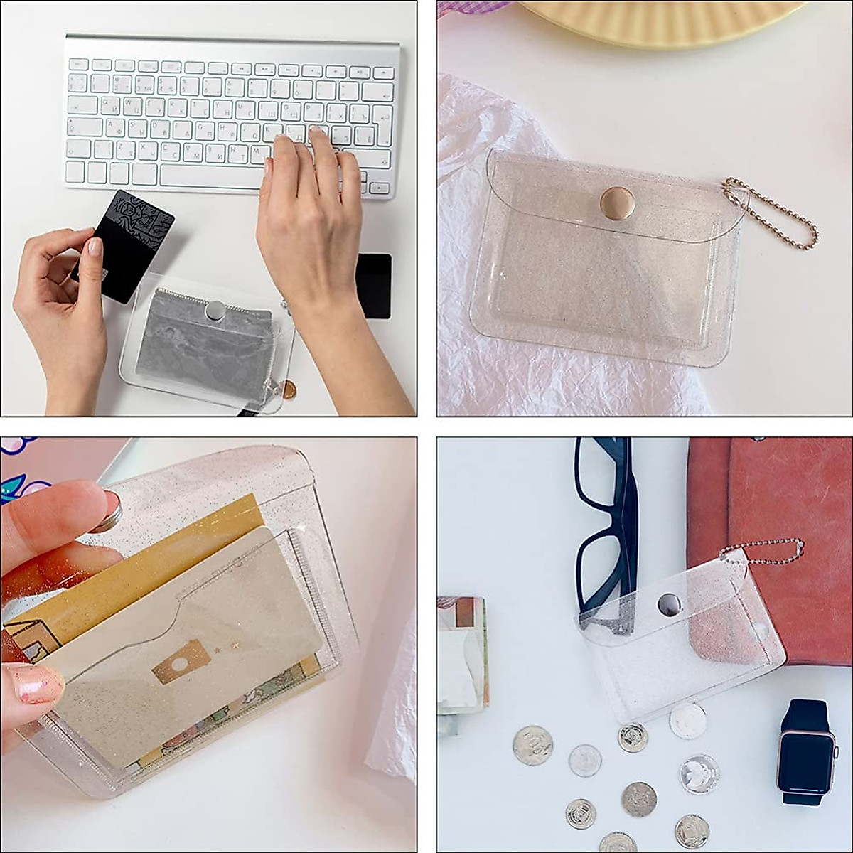 NUOBESTY 2pcs Clear Coin Purse Keychain Transparent PVC Change Purse Wallets Beauty Makeup Lipstick Cosmetic Accessories Organizer Cards Storage for Women Girls