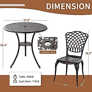 Withniture Patio Bistro Set 3 Piece Outdoor Cast Aluminum Bistro Set,Aluminum Table and Chairs Set with Umbrella Hole,All Weather Outdoor Bistro Set for Front Proch Set Garden Bistro Sets (Bronze)