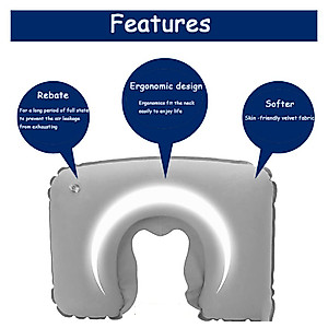 LOUIS FELT 2 Pack Grey Inflatable Travel Neck Cushion Pillow Supports Head & Neck, Flocked Fabric Air Pillow,Compact Travel Pillows for Airplanes Travel Light Inflatable Neck Pillow for Traveling