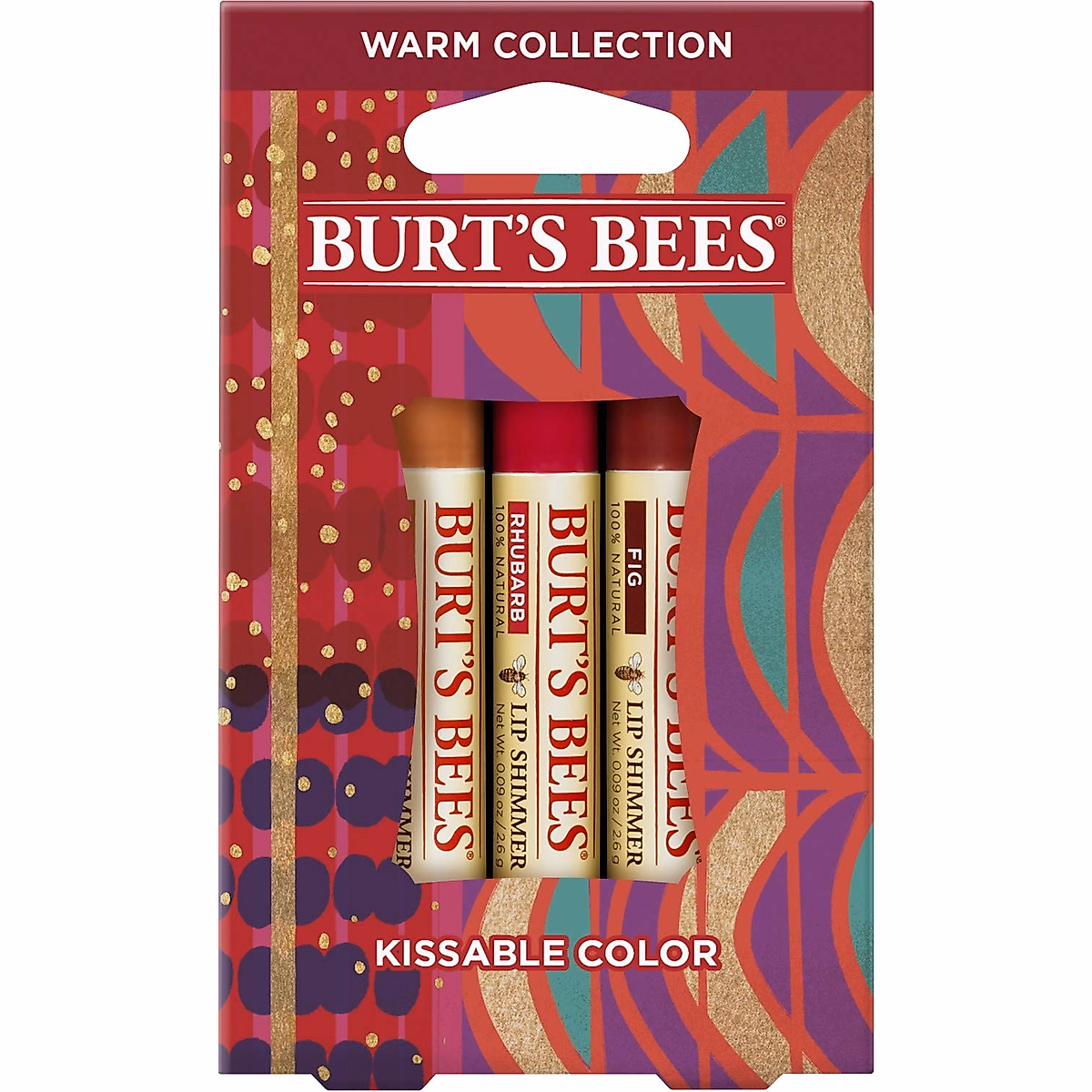 Burt's Bees Kissable Color Holiday Gift Set, 3 Lip Shimmers in Gift Box, Warm Collection in Peony, Fig & Rhubarb