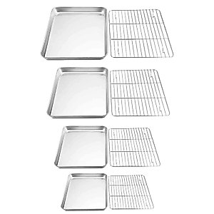 TeamFar Baking Sheet with Rack Set of 8, Cookie Sheet Baking Pans Stainless Steel Bakeware with Cooling Rack Set, Non Toxic & Healthy, Mirror Finish & Rust Free, Easy Clean & Dishwasher Safe