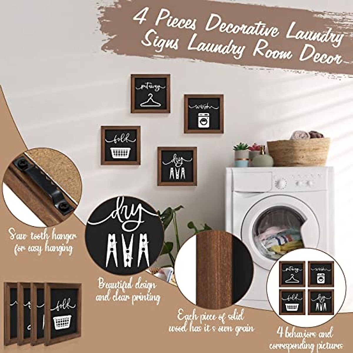 Laundry Room Decor for Wall Farmhouse Laundry Signs Set of 4 Wash Dry Fold Put Away Rustic Laundry Decor for Laundry Room Shelf Laundry Wall Decor with Wood Frame Decorative Laundry Room Sign 8''x 8''