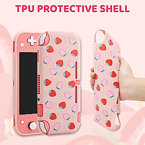 FANPL Case for Nintendo Switch Lite, Cute Pink Strawberry Carrying Case Bundle for Switch Lite Accessories with Soft TPU cover, Adjustable Strap, Screen Protector, Thumb Grip Caps