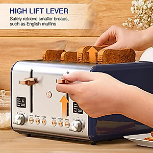 JOY Kitchen Digital Countertop Extra Wide 4-Slice Toaster, 6 Browning Levels with Bagel, Defrost Settings, Countdown Timer, Removable Crumb Tray & Cord Storage, Stainless Steel with Rose Gold Accents