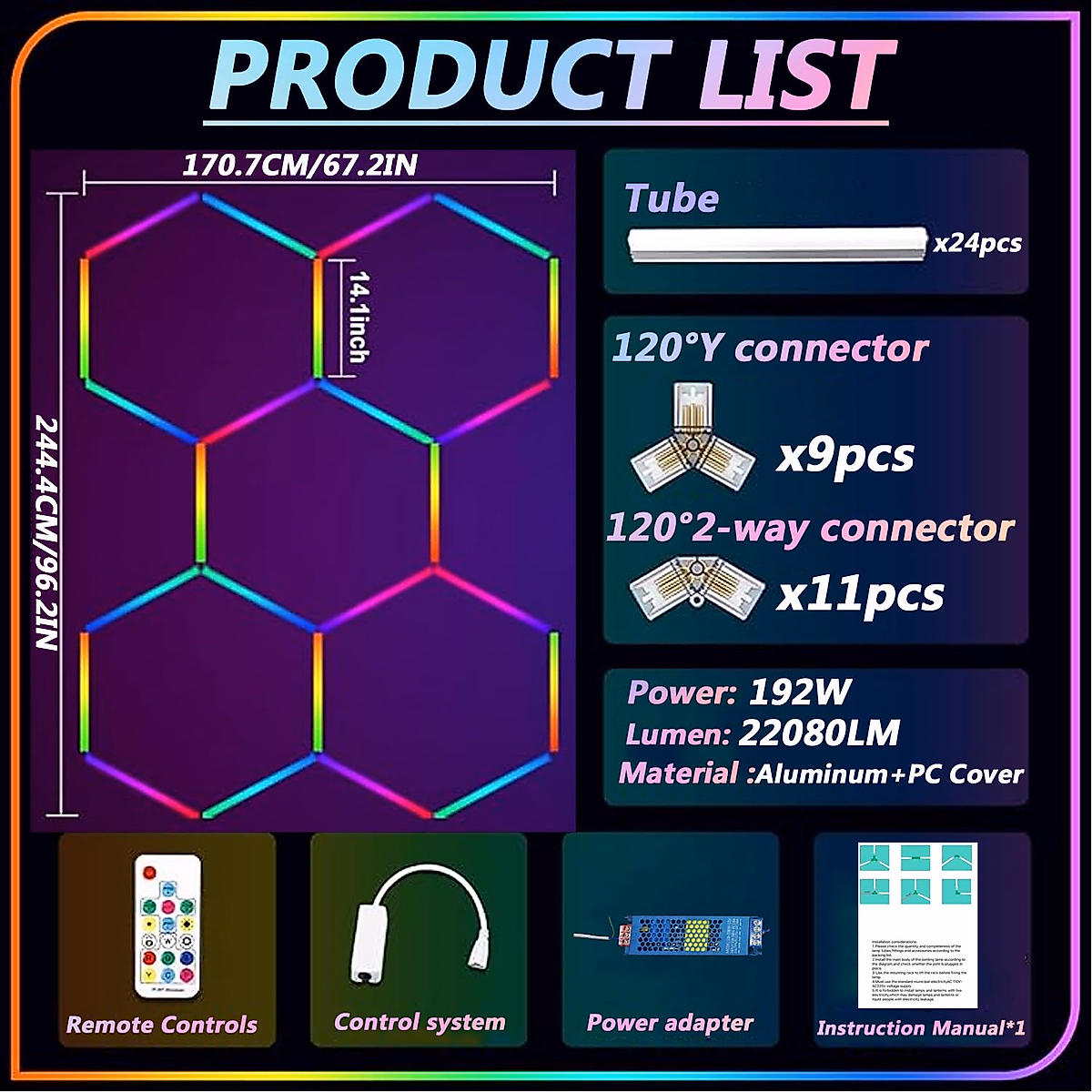 lylunnamsp RGB Hexagon Garage Light with Remote, 24 Pack Hexagon Lights, RGB Dimmable and Speed Adjustable LED Hexagon Lights, 358 Modes, LED Ceiling Lights for Gaming Room Bar Party,Multi Colored
