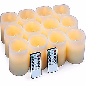 Enpornk Set of 12 Flameless Candles Battery Operated LED Pillar Real Wax Electric Unscented Fake Candles with Remote Control Cycling 24 Hours Timer, Ivory Color (D:3" x H:4")