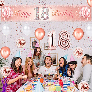 Happy 18th Birthday Banner Large Yard Sign Banner with Birthday Balloons Kit Set Rose Gold Cheer to 18 Years Old Birthday Party Decorations Supplies for Girls Photography Backdrop Decor