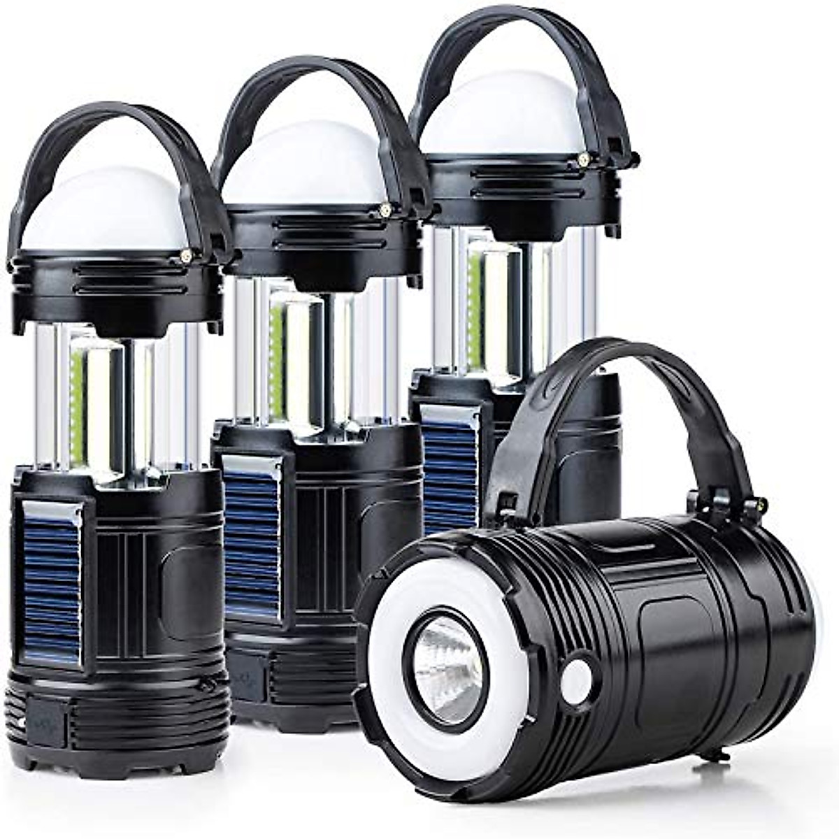 TANSOREN 4 Pack Black 5 in 1 Solar USB Rechargeable 3 AAA Power Brightest COB LED Camping Lantern with S Charging for Device, Waterproof Collapsible Emergency Flashlight LED Light
